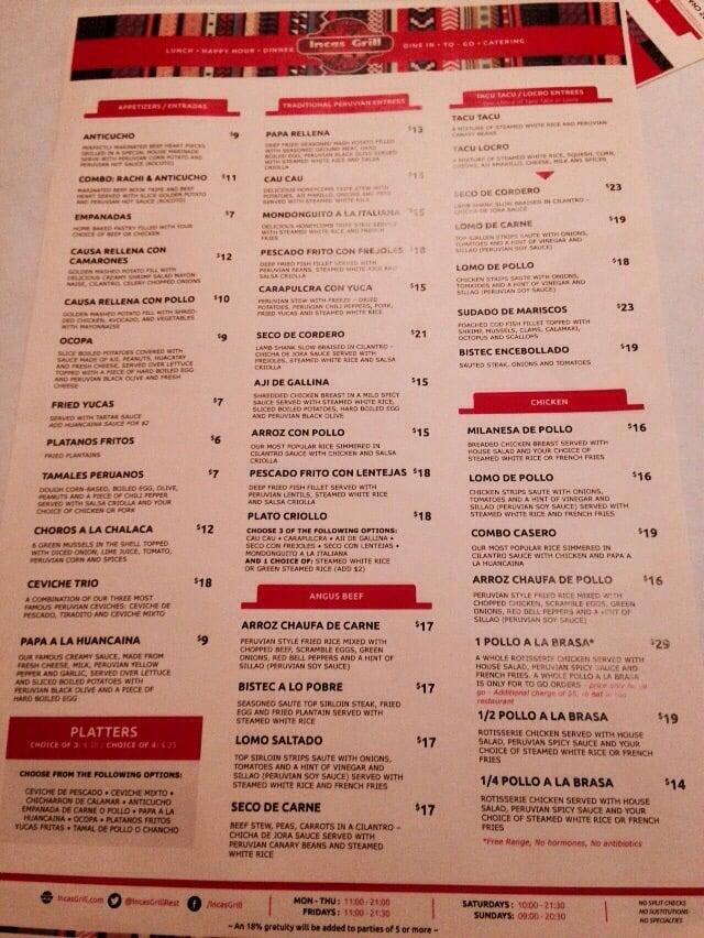 Menu at Incas Grill Peruvian Restaurant & Bar, Concord