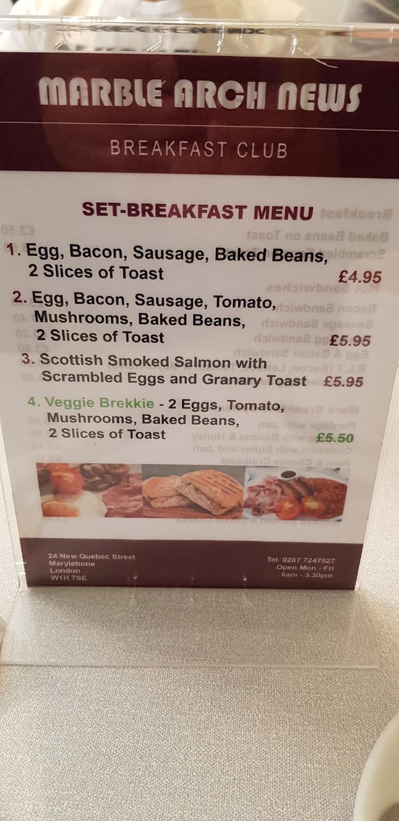 Menu at Marble Arch News cafe, London