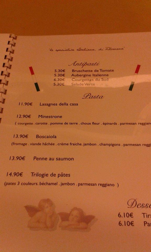 Menu at Piano Pizza restaurant, Reims