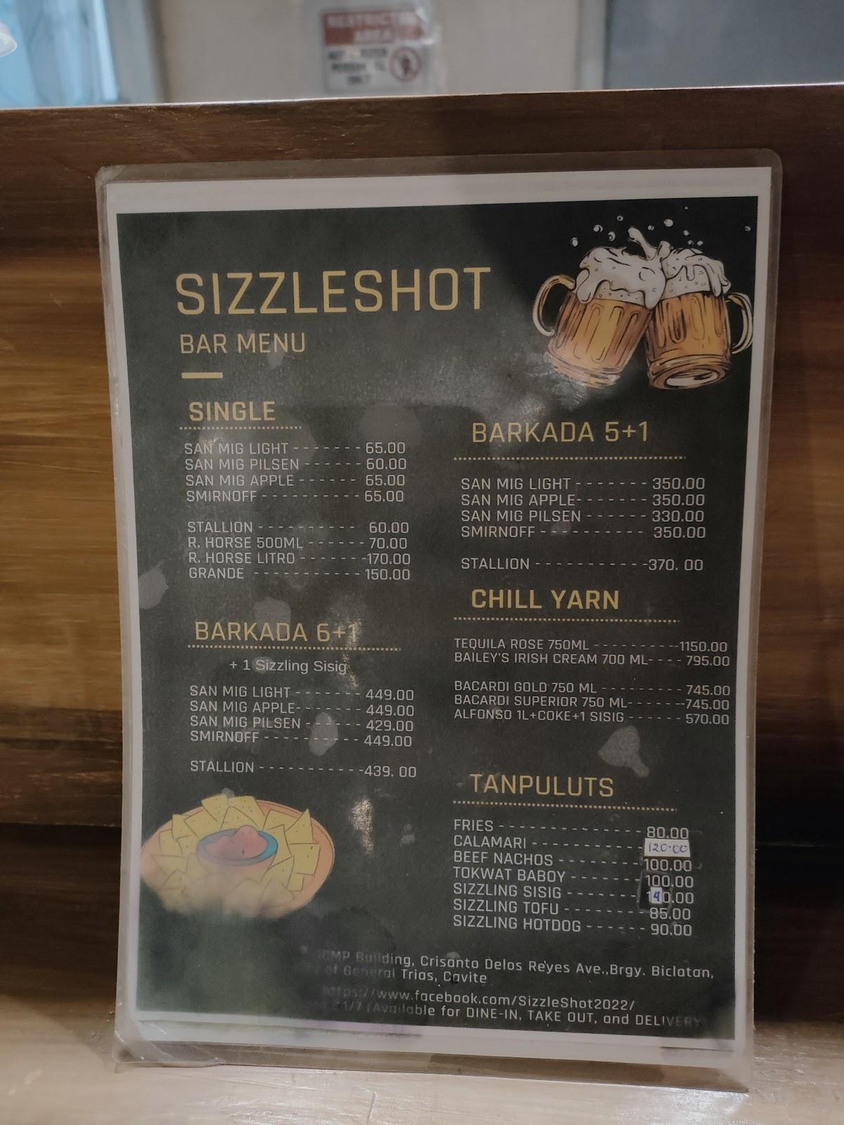 Menu at SIZZLE SHOT RESTOBAR, General Trias