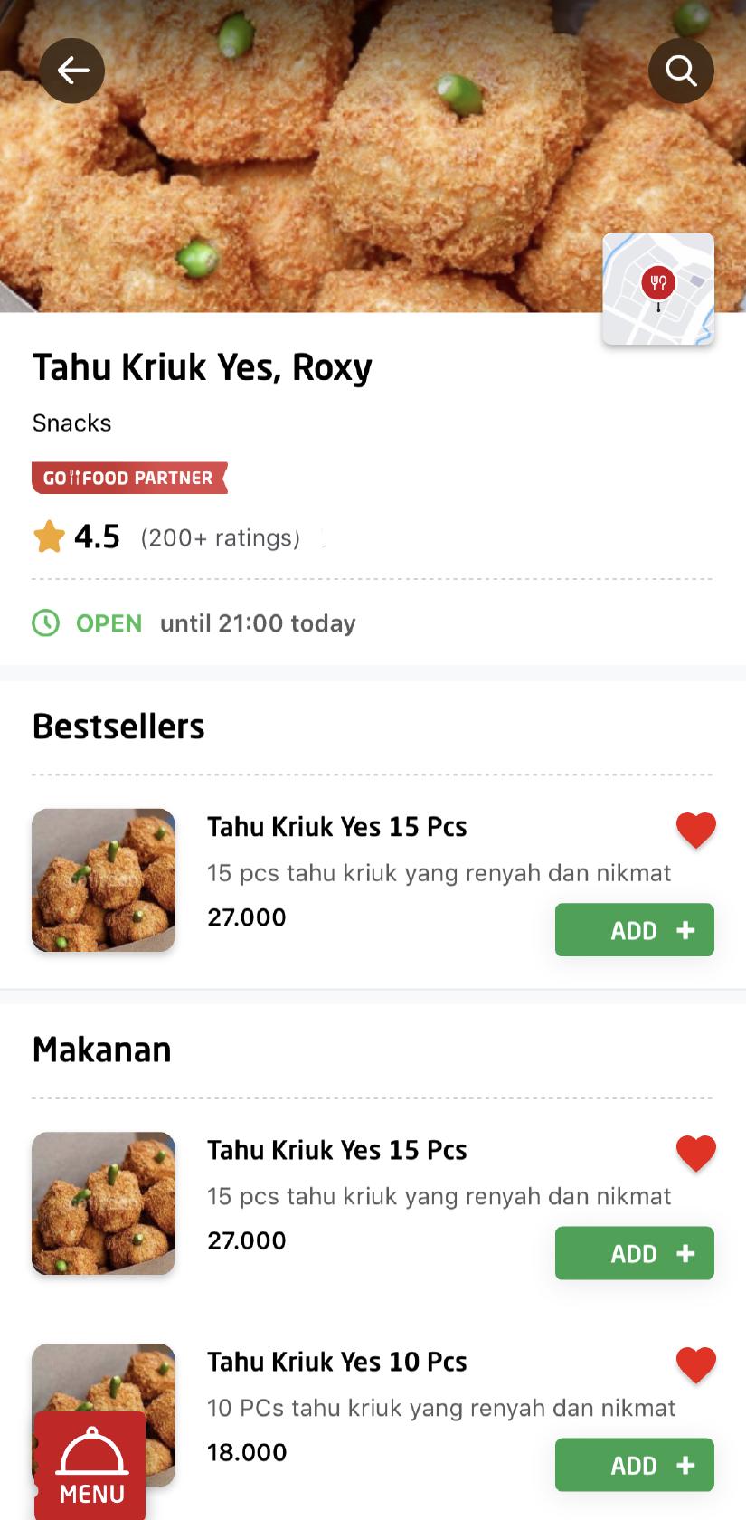Menu at Tahu Kriuk Yes Roxy restaurant, Jakarta
