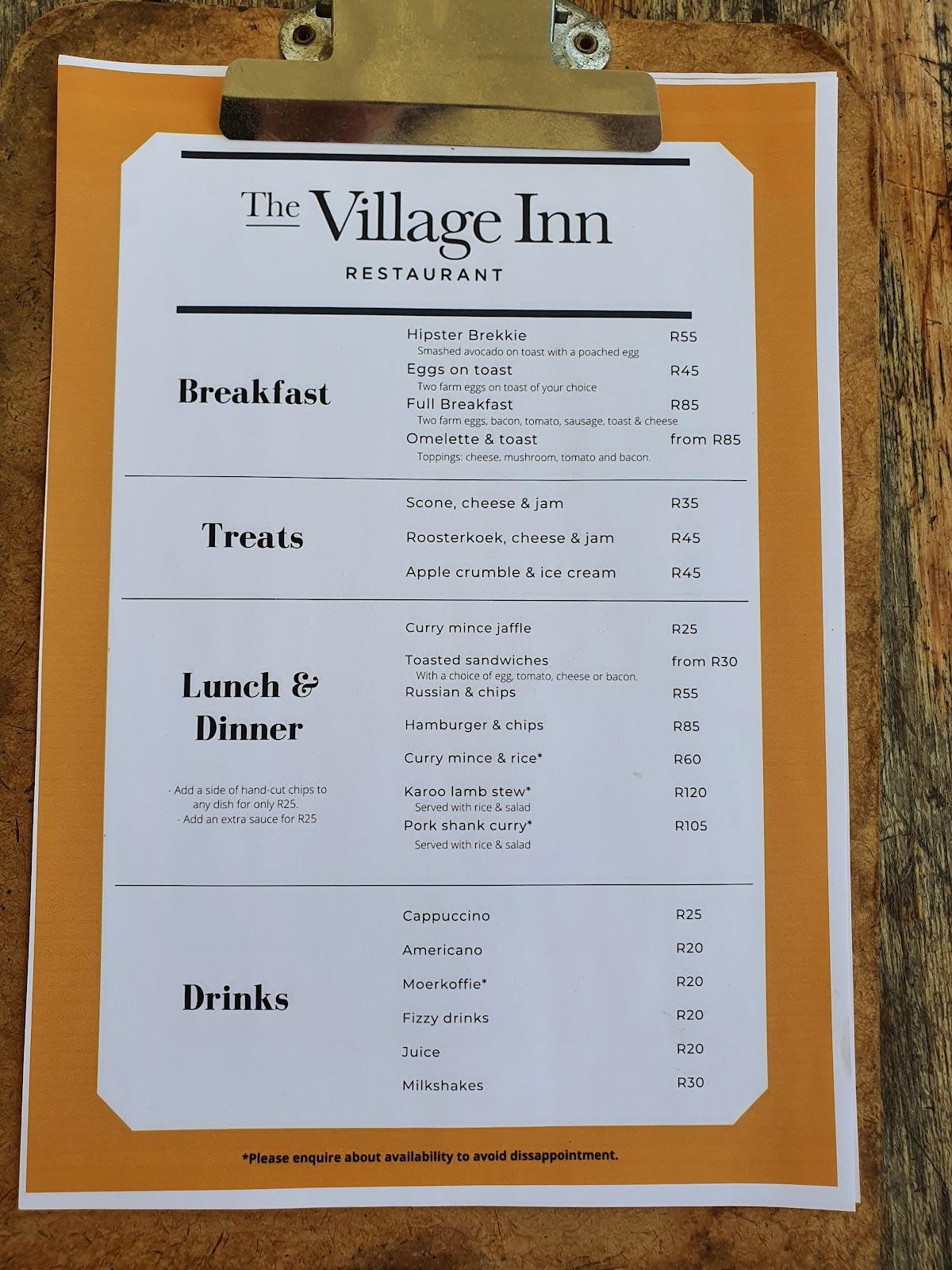 Speisekarte von The Village Inn restaurant, New Bethesda
