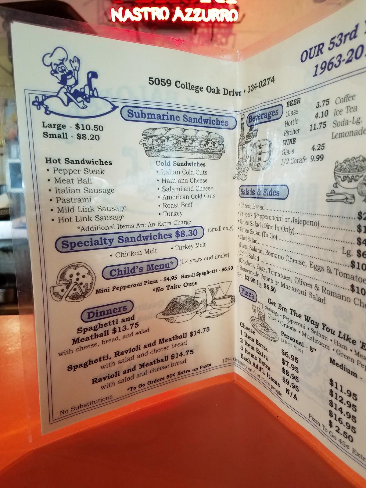 Menu at Tony Baloney's restaurant, Sacramento