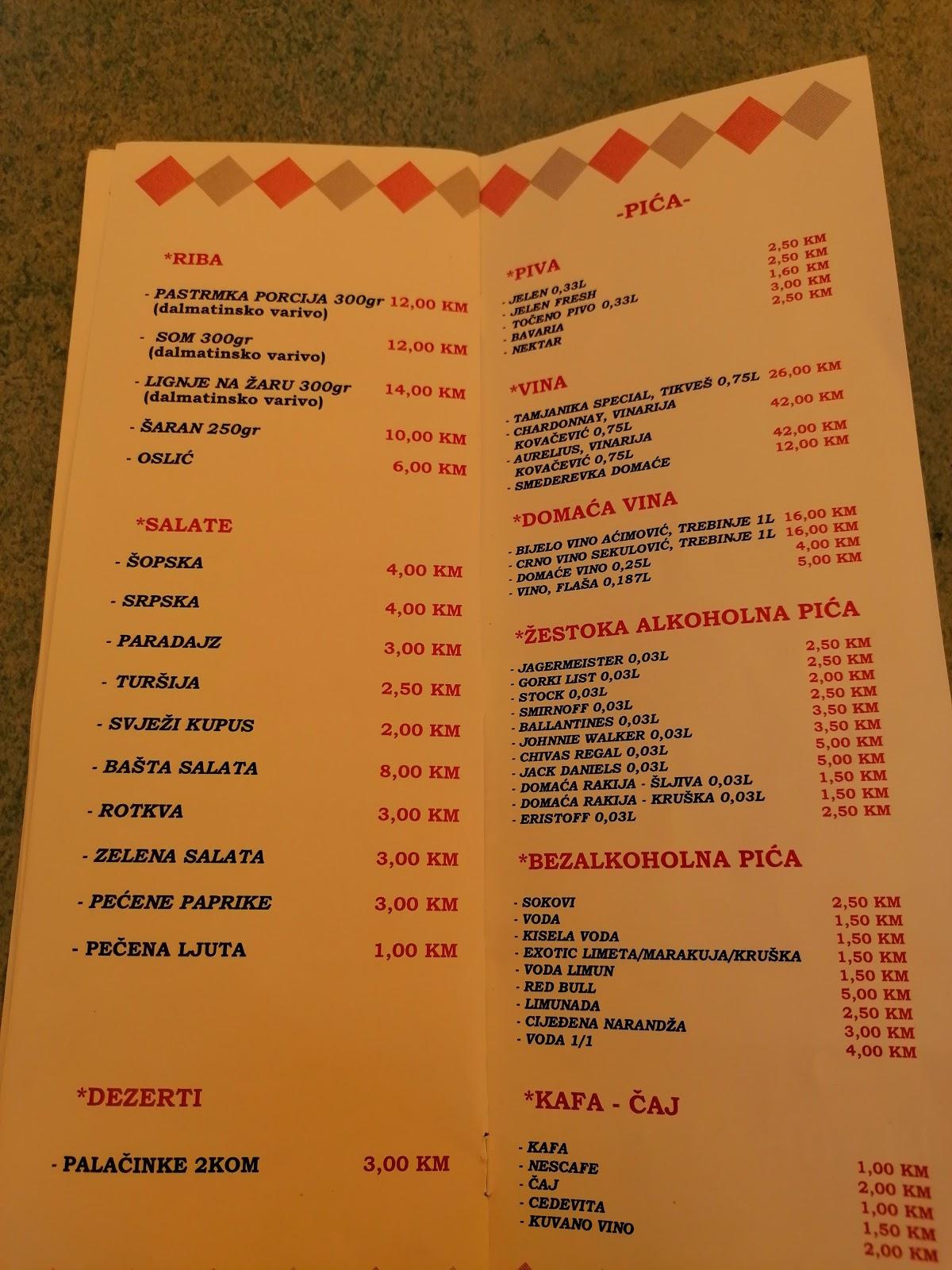 Menu at Restoran Izvor restaurant, Dvorovi