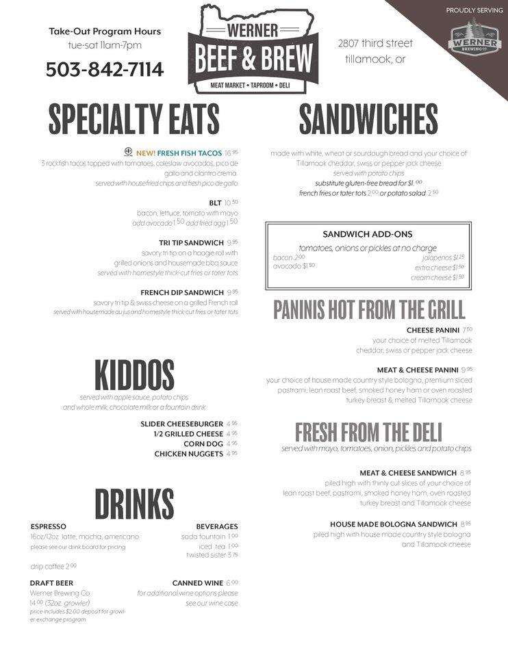 Menu at Werner Beef & Brew restaurant, Tillamook