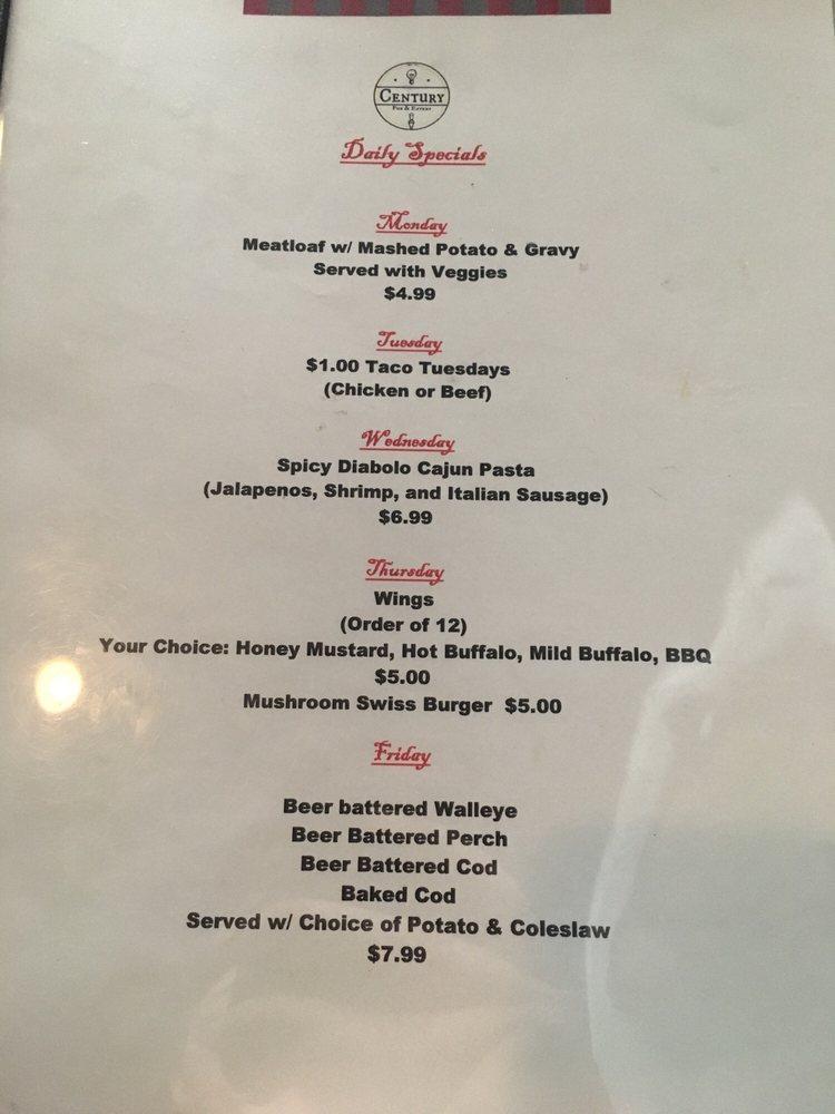 Menu at Century Pub and Eatery, Kenosha