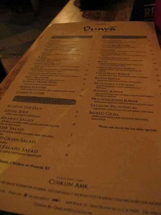 Menu at Dunyā Mediterranean Bistro & Wine Bar, San Francisco