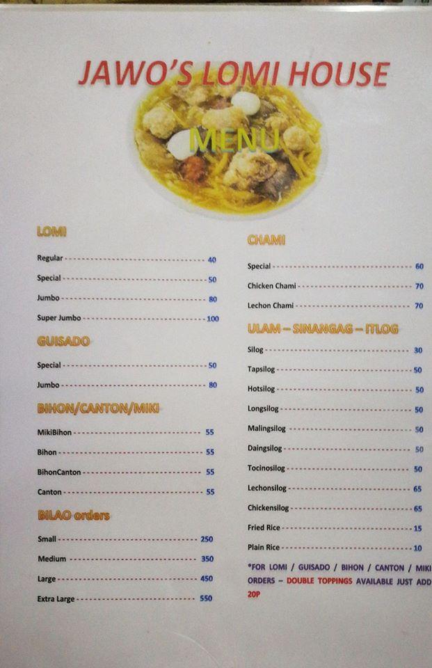 Menu at Jawo Lomi House restaurant, Lipa