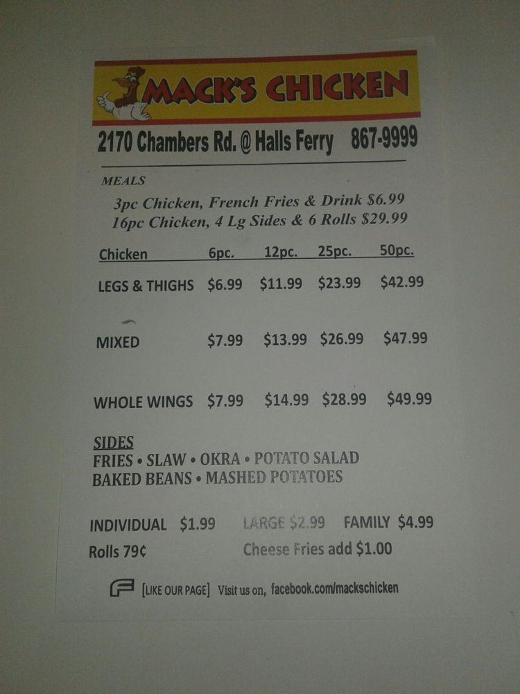 Menu at Mack's Chicken fast food, St. Louis