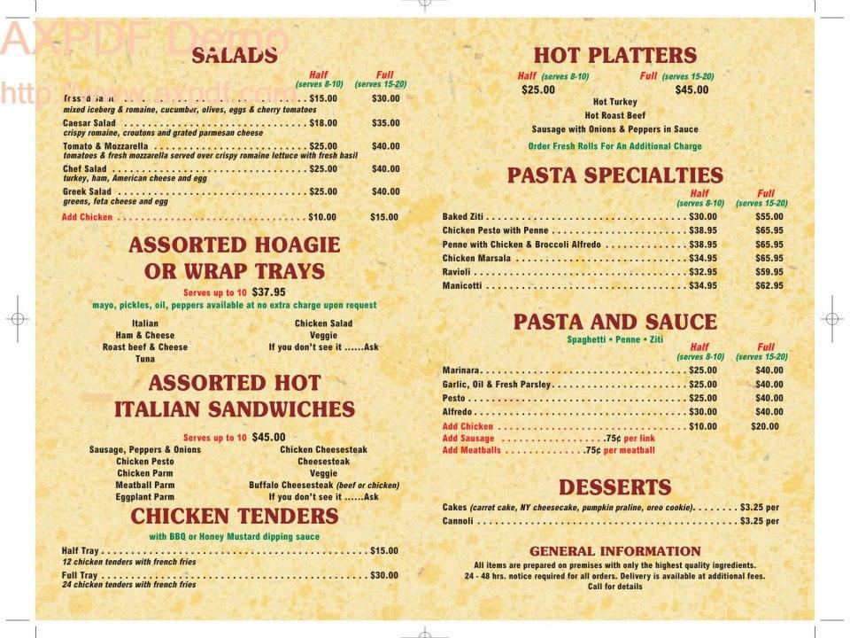 Menu at Mario's Pizza pizzeria, Philadelphia, Crittenden St Ste