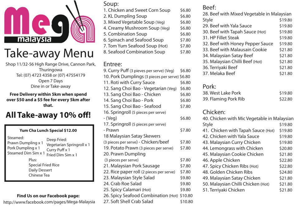 Menu at Mega Malaysia restaurant, Townsville