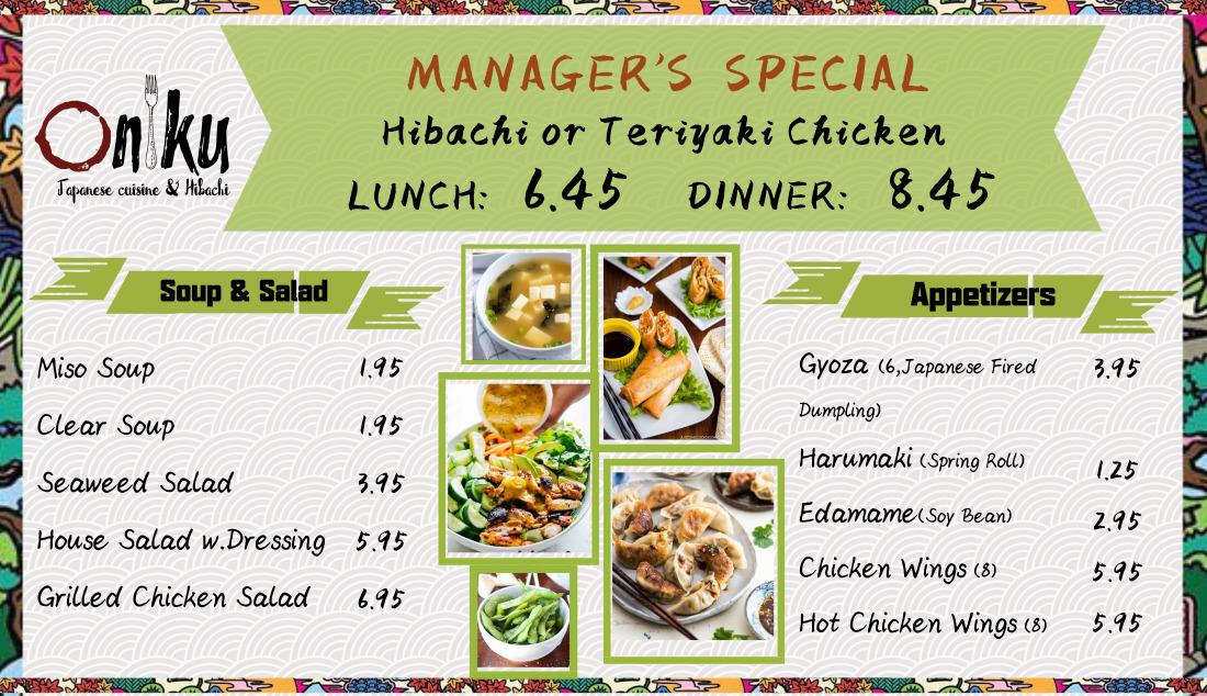 Menu at Oniku Japanese Cuisine & Hibachi restaurant, Fort Pierce