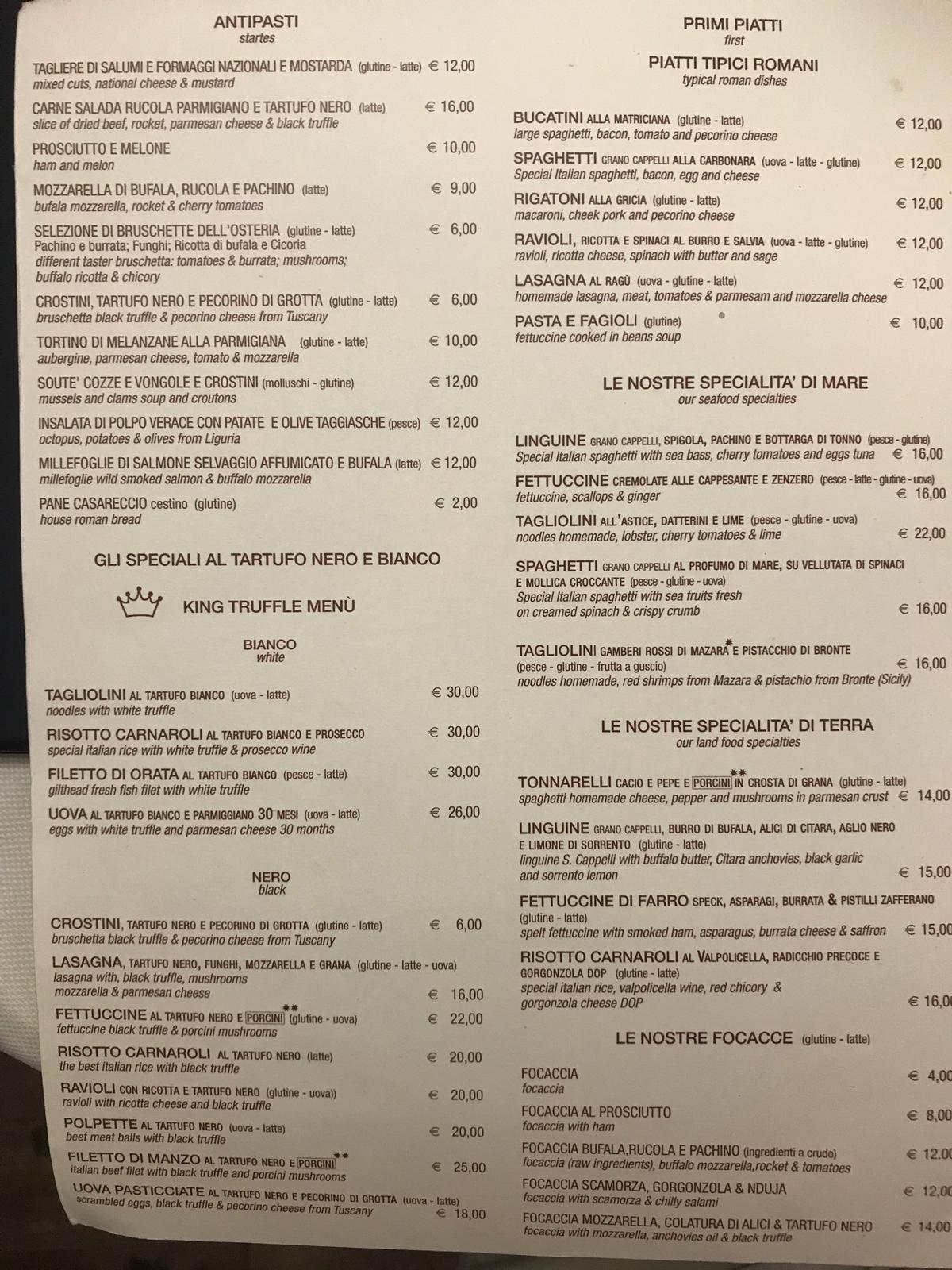 Menu da Osteria Barberini, Roma
