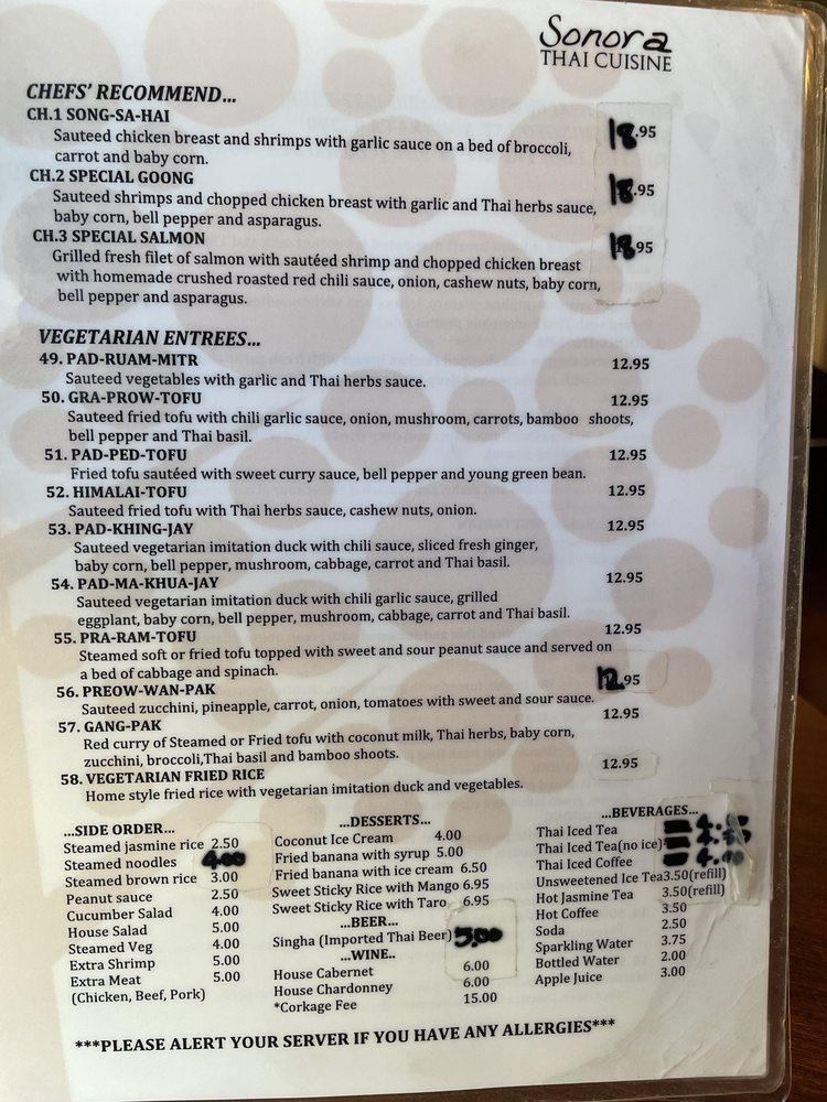 Menu at Sonora Thai Cuisine restaurant, Sonora