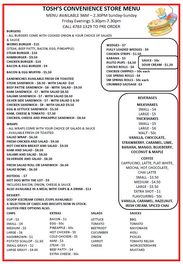 Menu at Tosh's Convenience Store fast food, Ayr