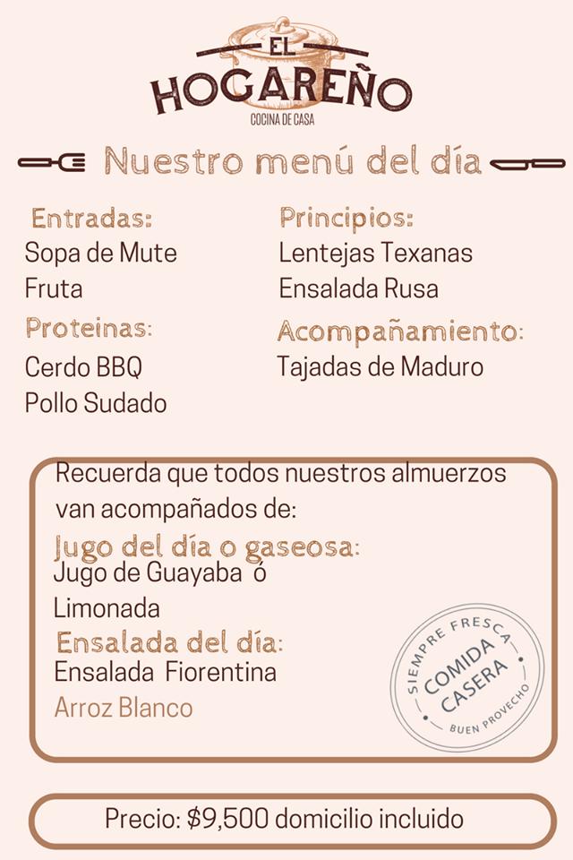 Carta del restaurante El Hogareño, Bogotá