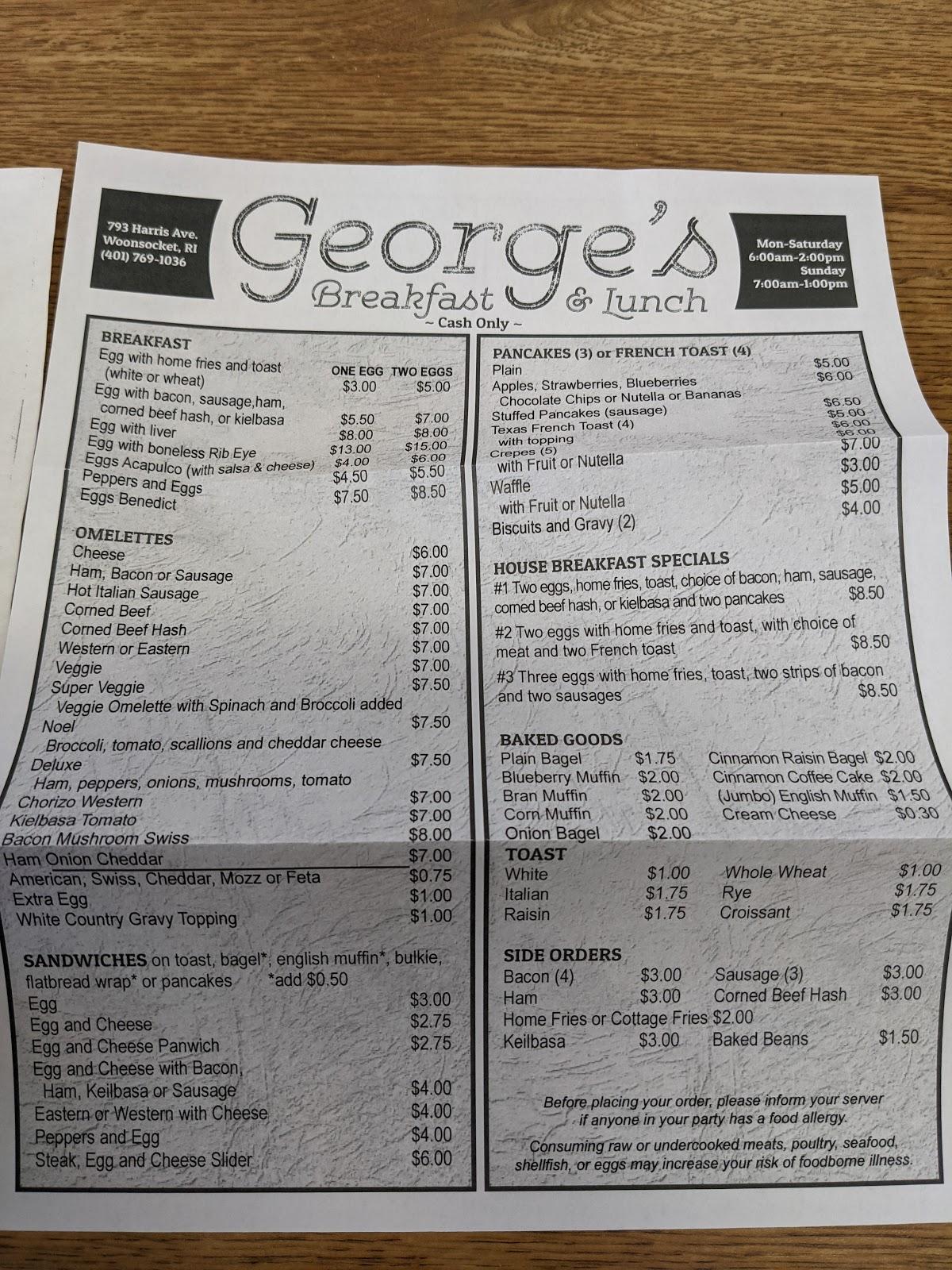 Carta del restaurante George's Breakfast & Lunch, Woonsocket