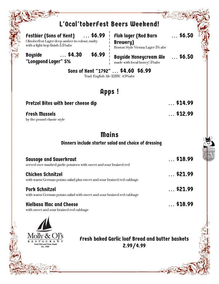Menu at Molly & OJ's Restaurant, Erieau