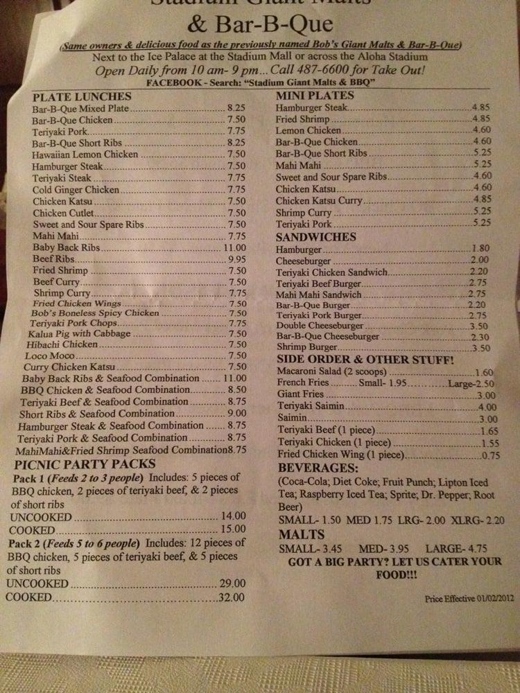 Menu at Stadium Giant Malts & Bar-B-Que, Honolulu