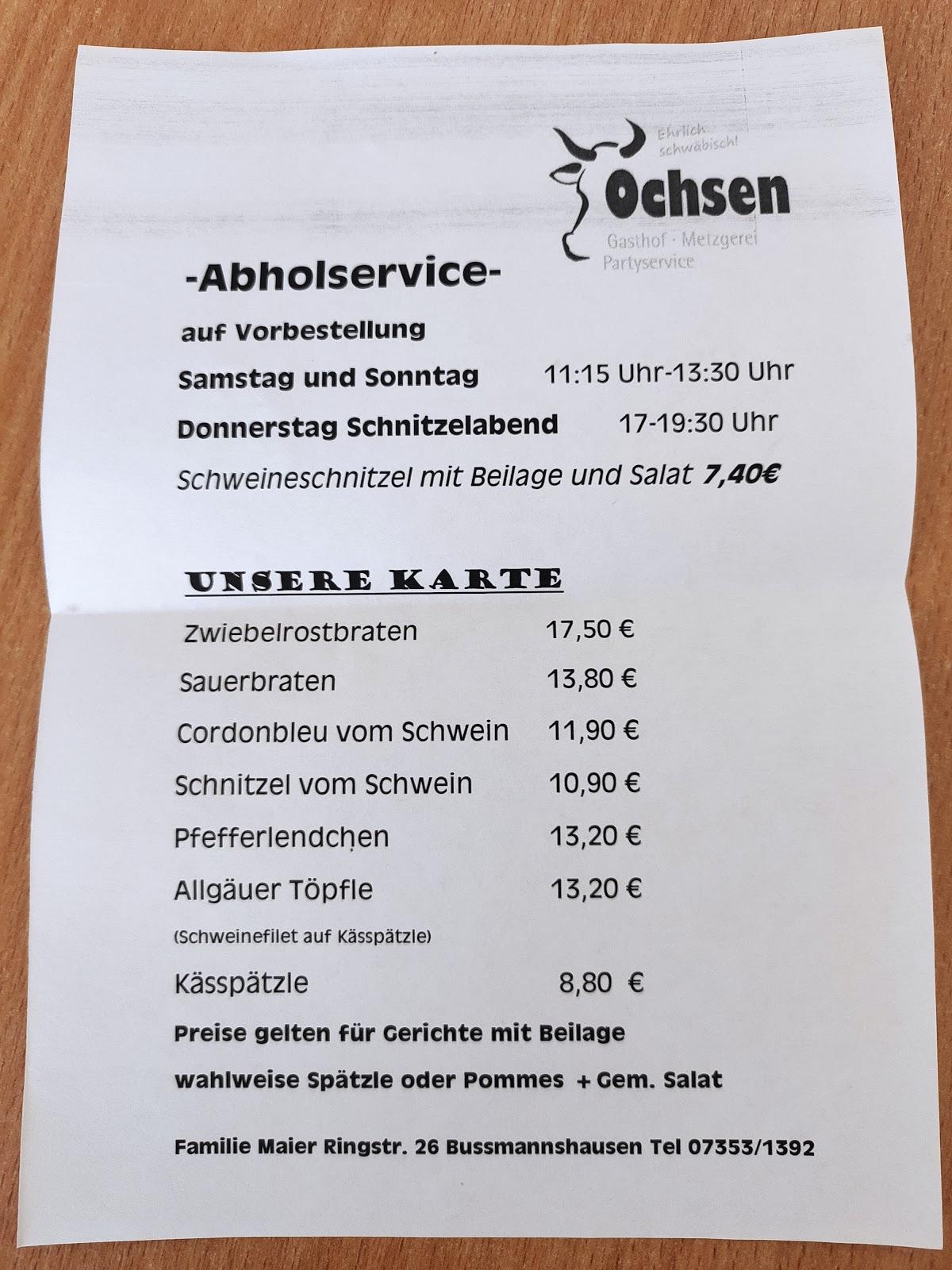 Speisekarte von Gasthaus zum Ochsen restaurant, Schwendi
