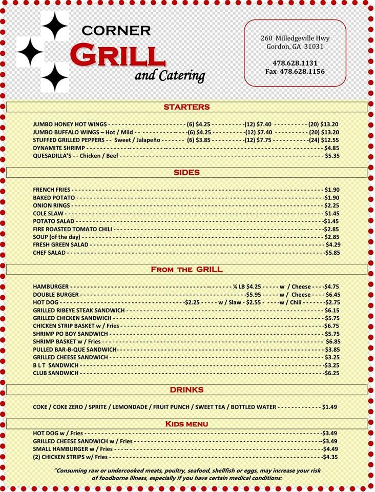 Menu at Corner Grill & Catering restaurant, Gordon