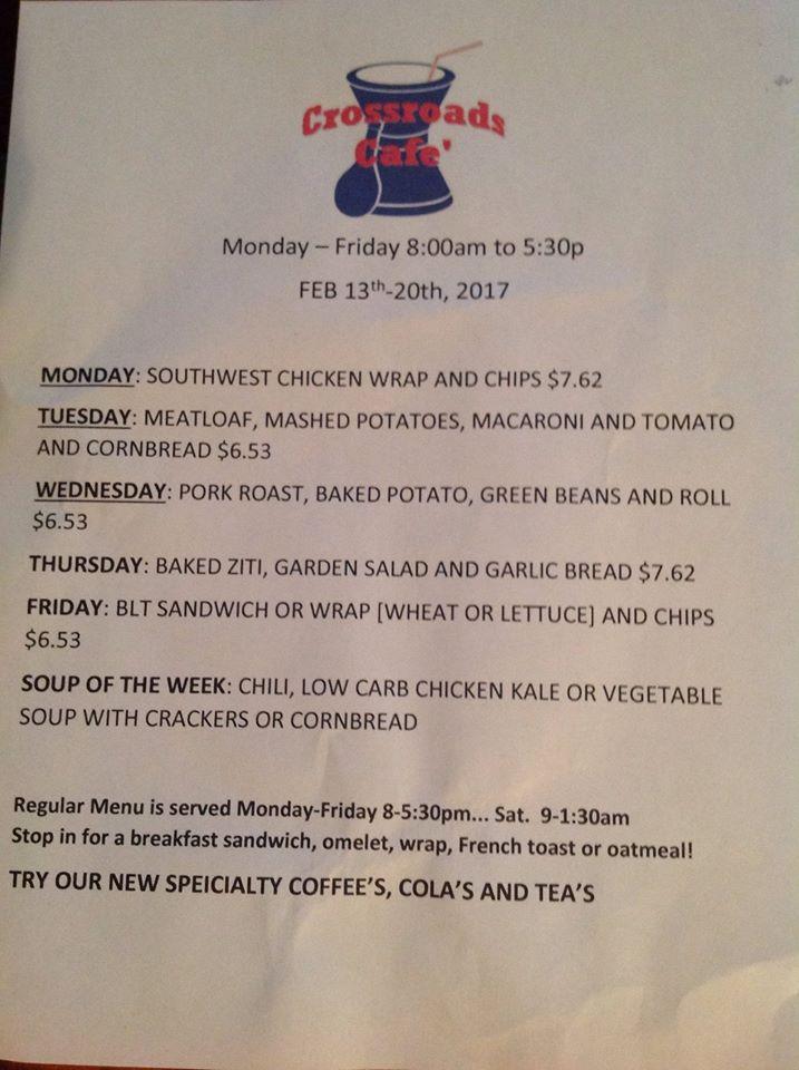 Menu at Crossroads Cafe, Greenville