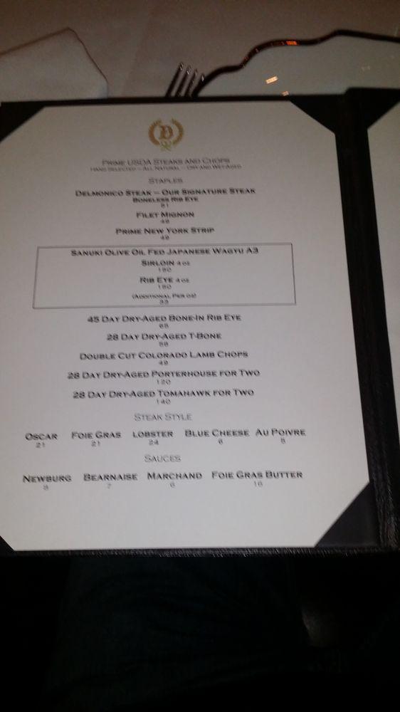 Menu at Delmonico's steakhouse, New York City