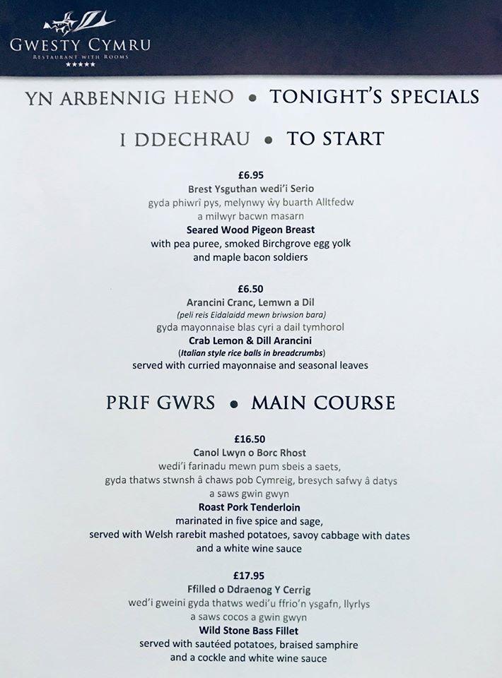 Menu at Gwesty Cymru Hotel & Restaurant, Aberystwyth