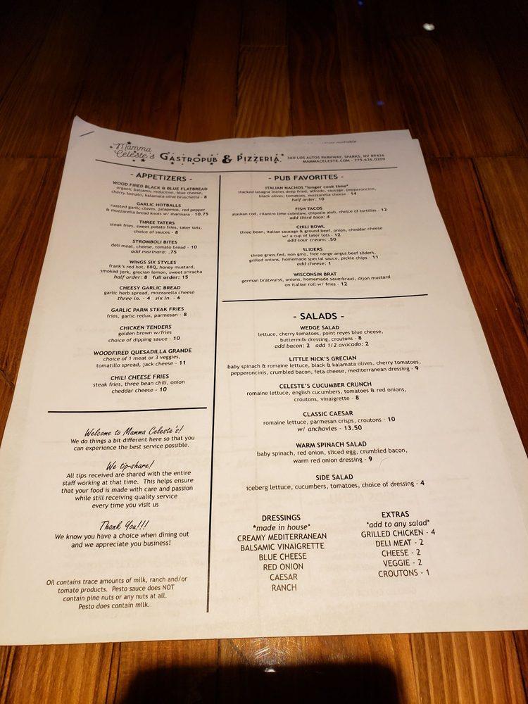 Menu at Mamma Celeste's Gastropub & Pizzeria, Sparks