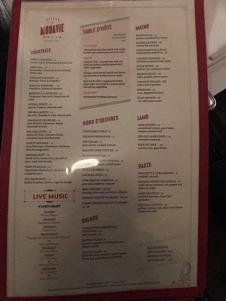 Menu au Modavie restaurant, Montréal, Rue Sainte-Catherine E