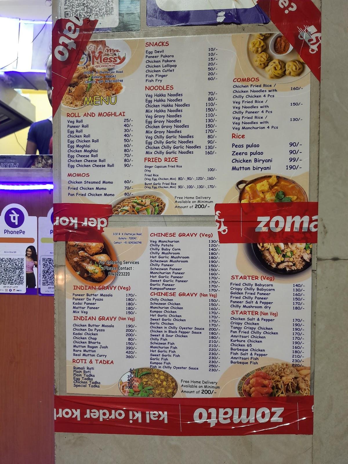 Menu at Mrs. Messy, Kolkata