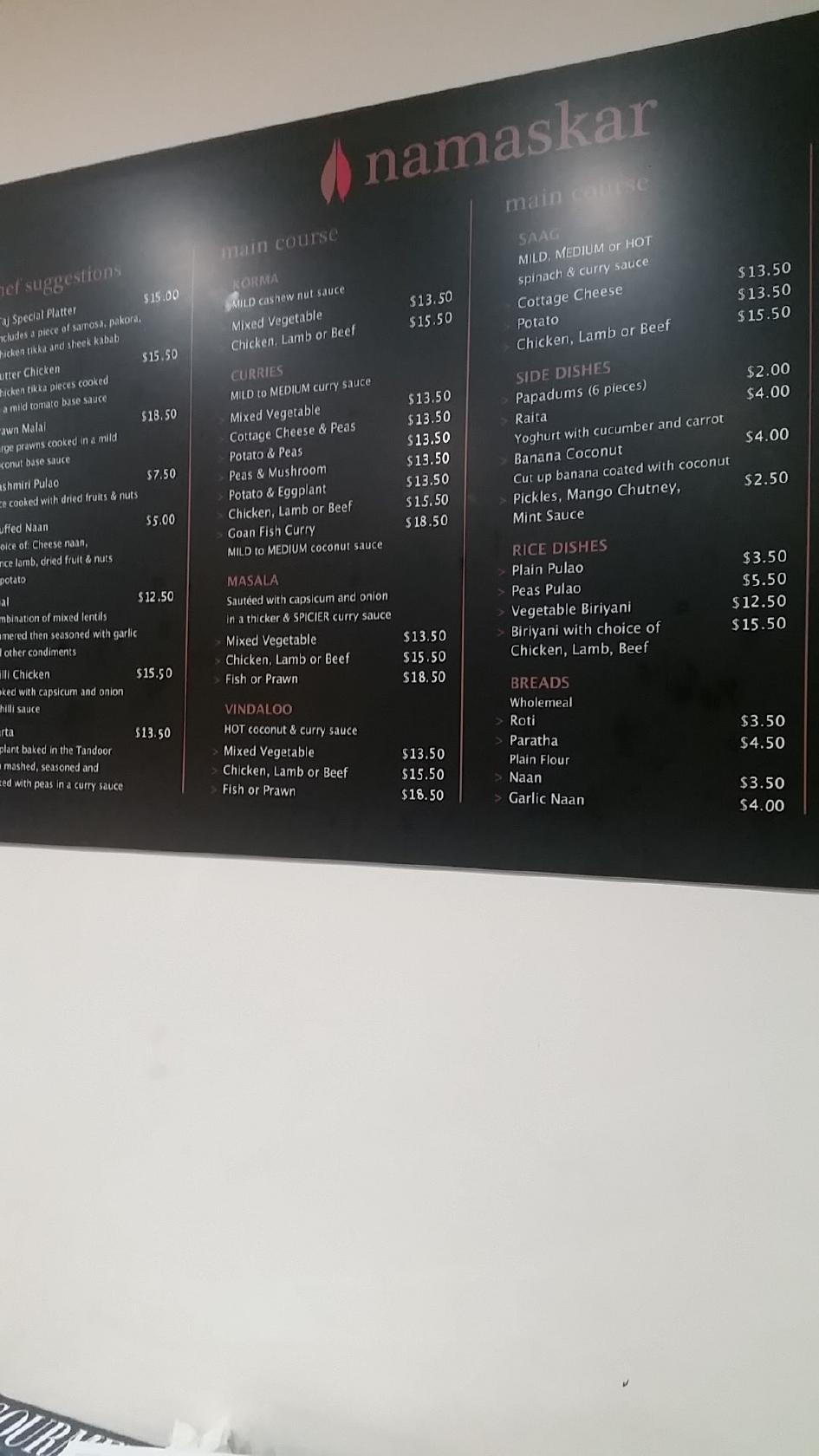 Menu at Namaskar Indian Cuisine restaurant, Kingston