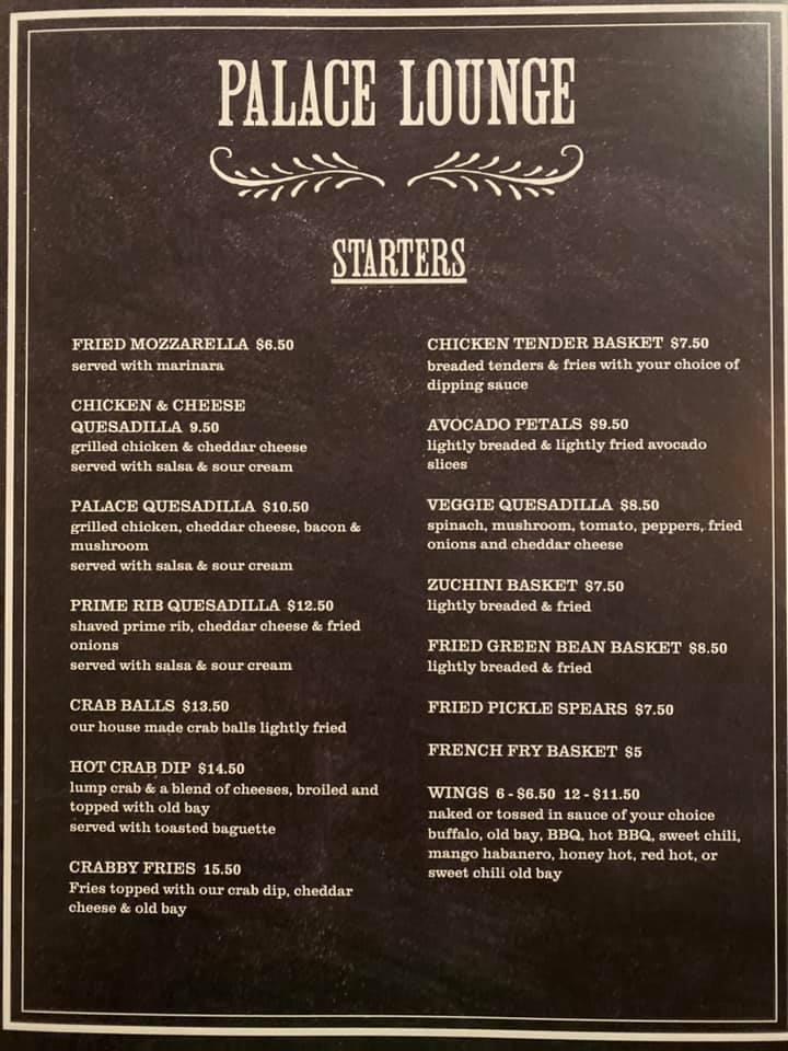 Menu at Palace Lounge pub & bar, Martinsburg