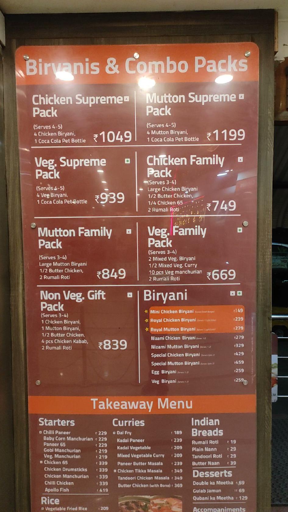 Menu at Paradise Biryani Masab Tank, Hyderabad, X Roads