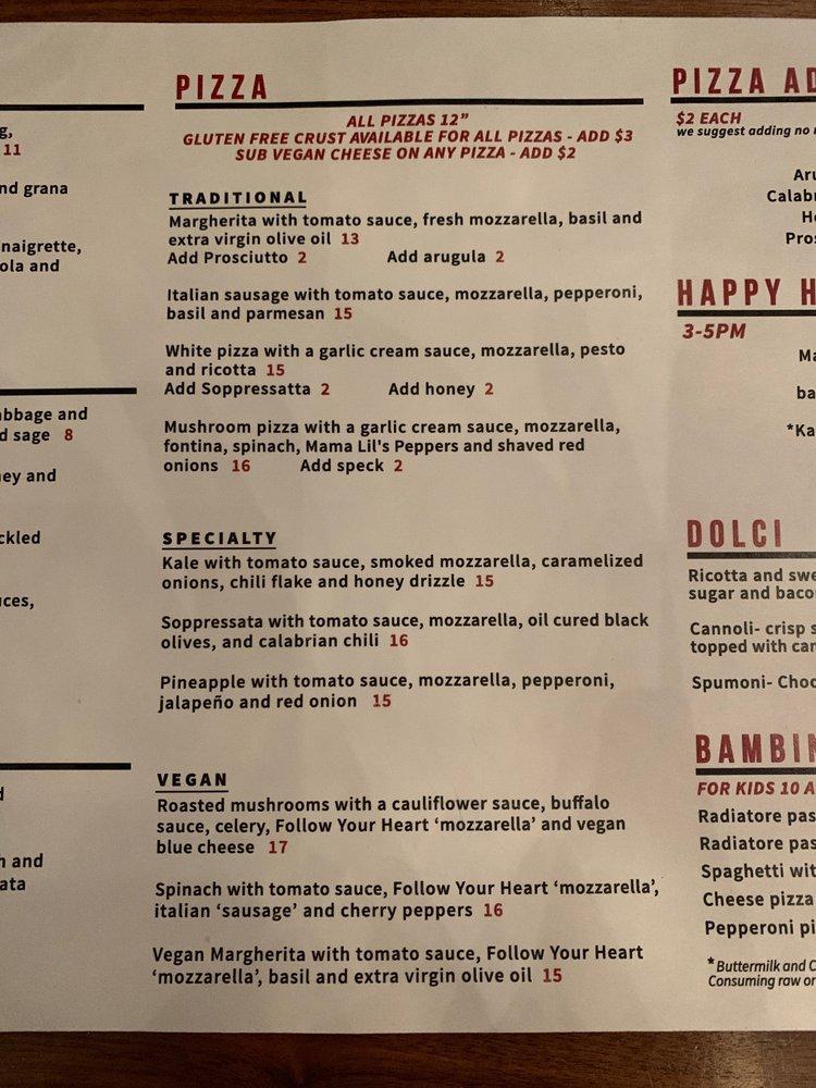 Menu at Pizzeria sul Lago, Lake Oswego