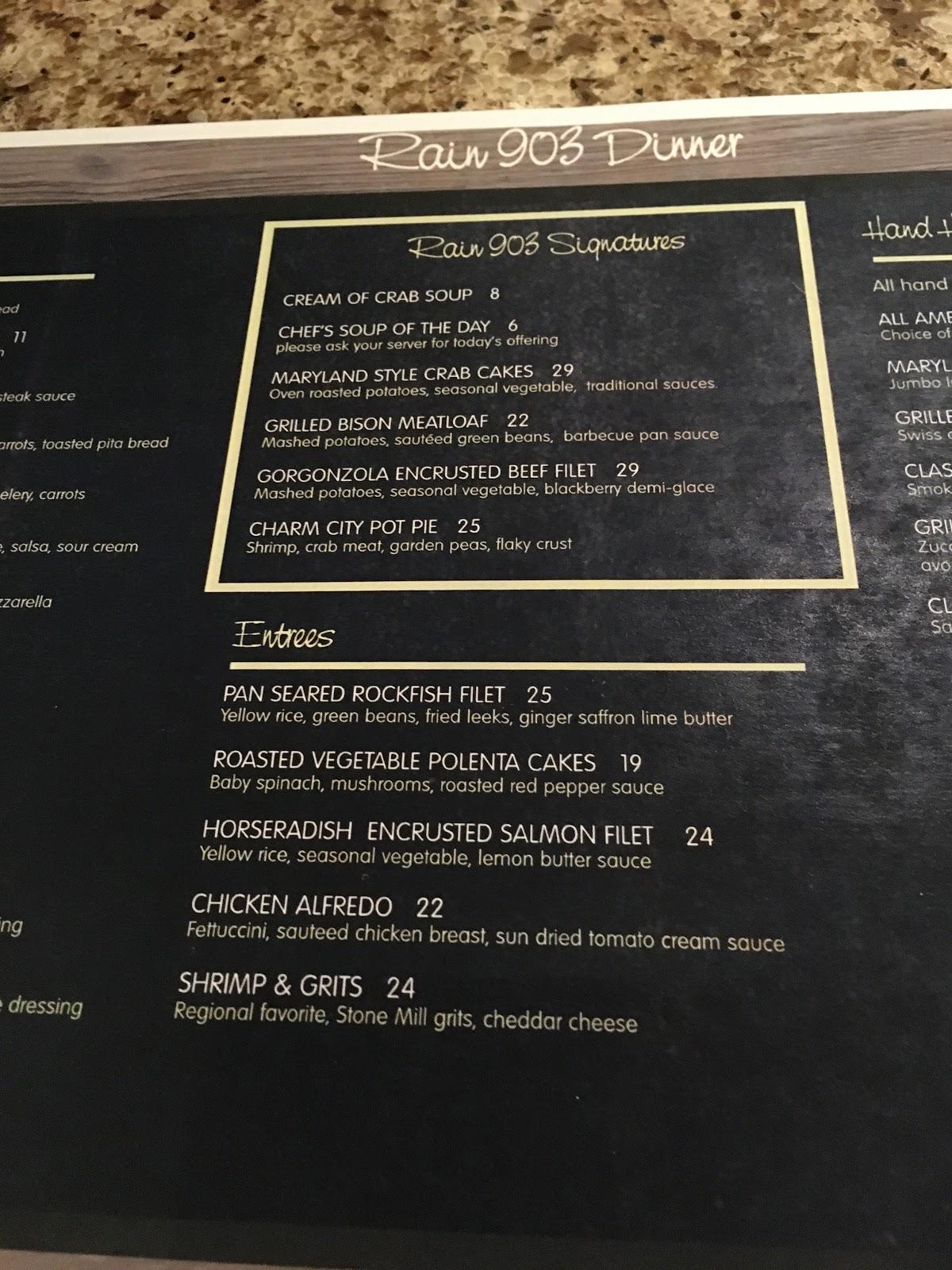 Menu at Rain 903 restaurant, Towson