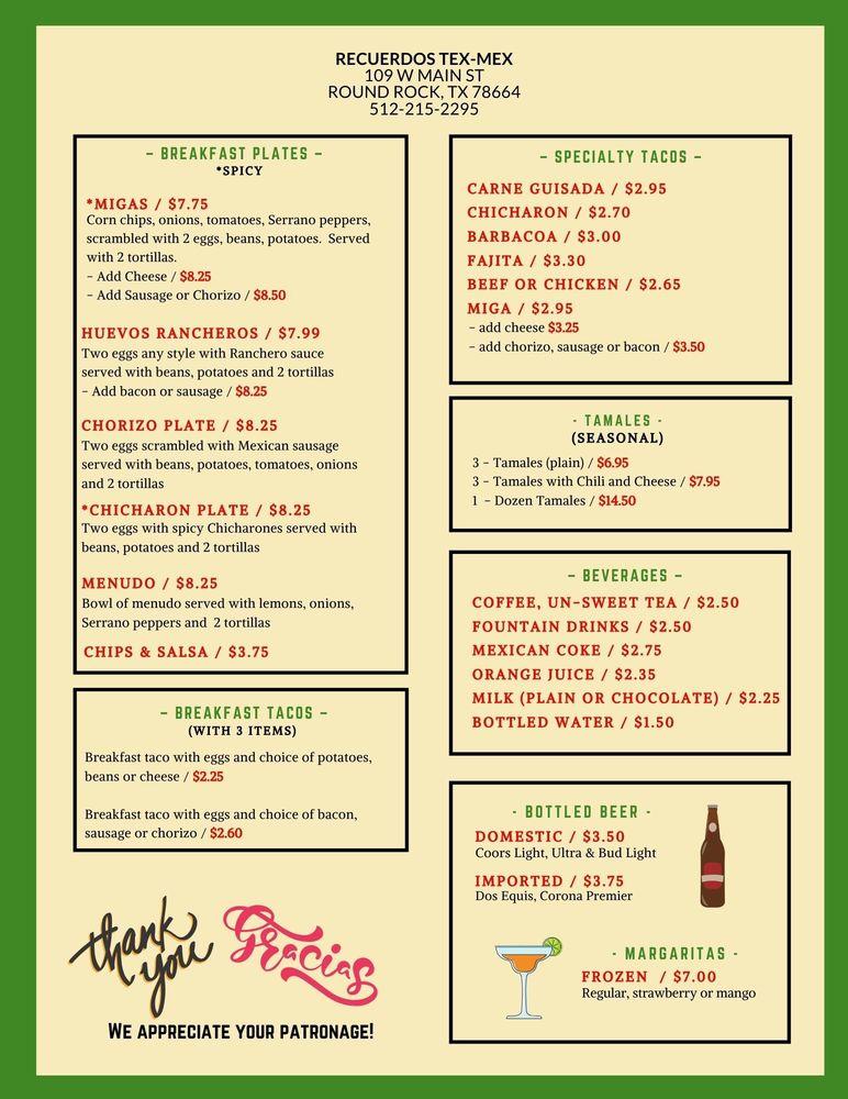 Menu at Recuerdos restaurant, Round Rock