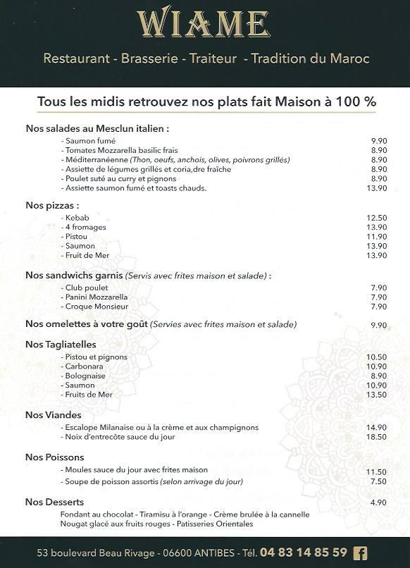 Menu at Restaurant Tradition du Maroc, Antibes