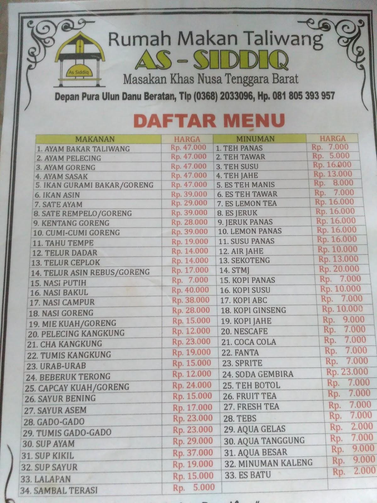 Menu at Rumah Makan Taliwang As Siddiq restaurant, Candikuning