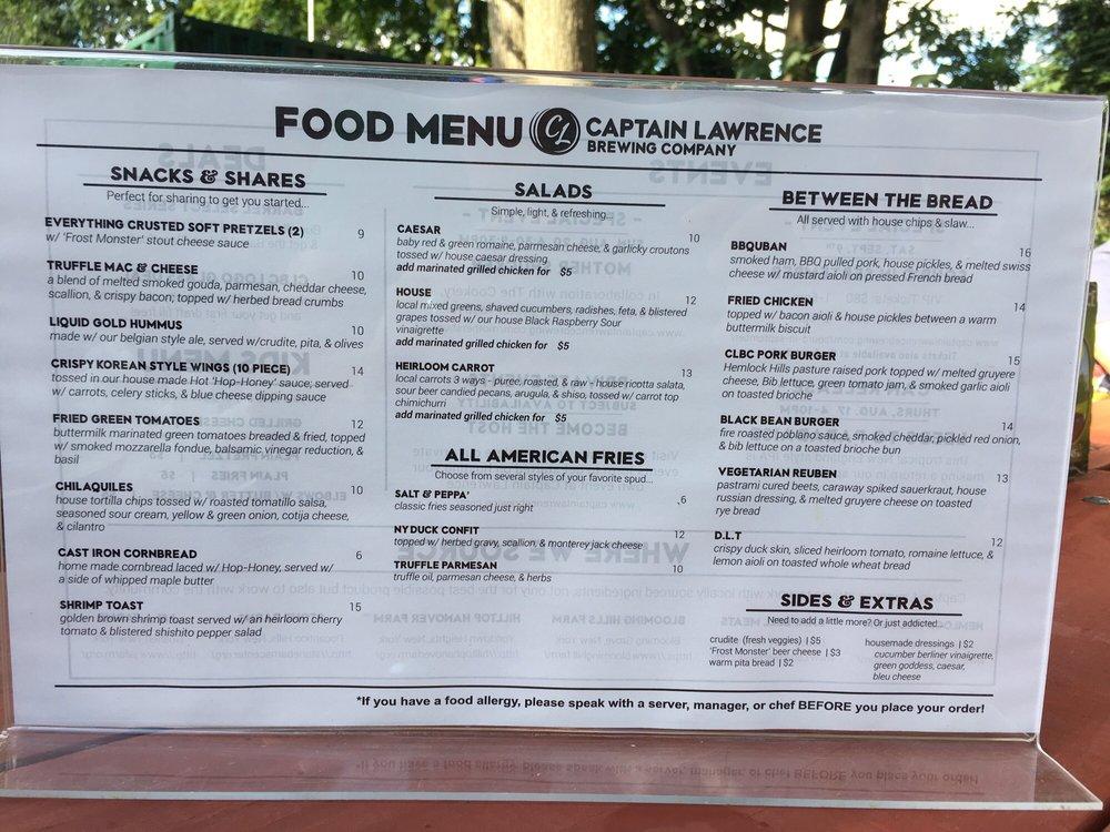 Menu at Captain Lawrence Brewing Company pub & bar, Elmsford