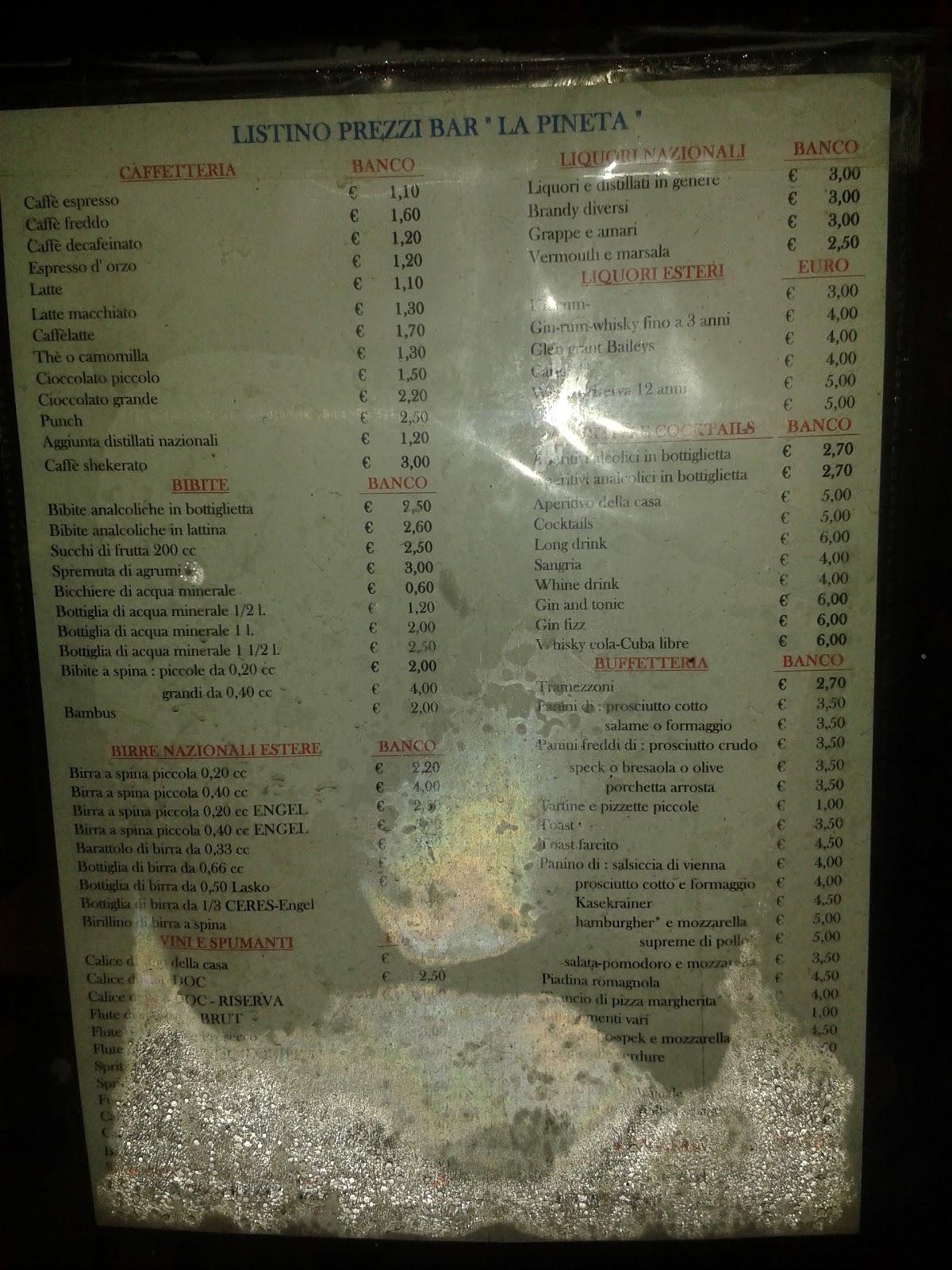 Menu da La Pineta pub & bar, Trieste, V.le Miramare