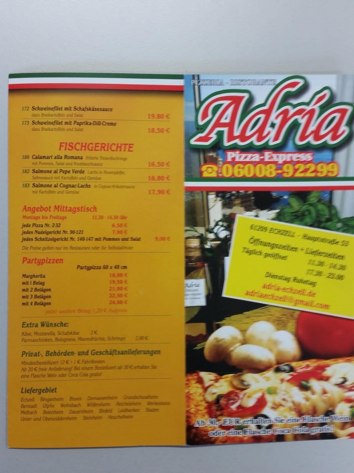 Speisekarte von Pizzeria Adria, Echzell