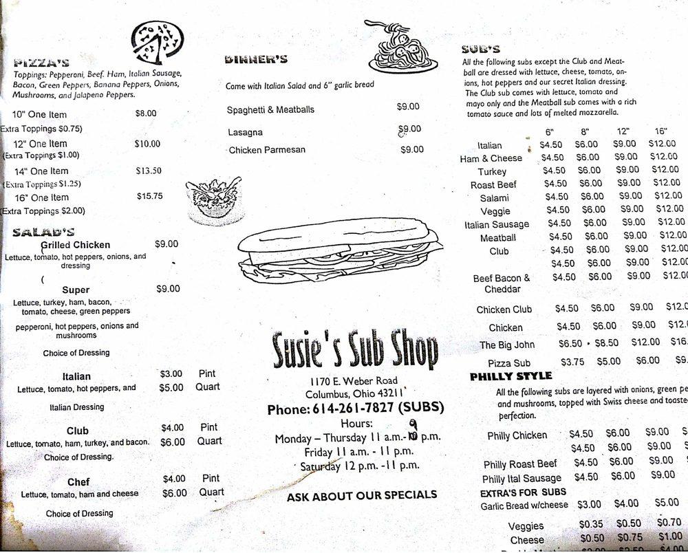Menu at Susie's Sub Shop pizzeria, Columbus, Karl Rd