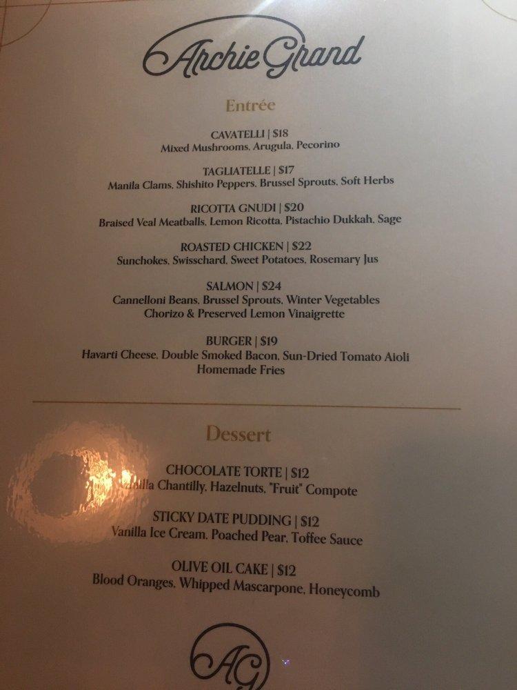 Menu at Archie Grand restaurant, White Plains, 166B Mamaroneck Ave