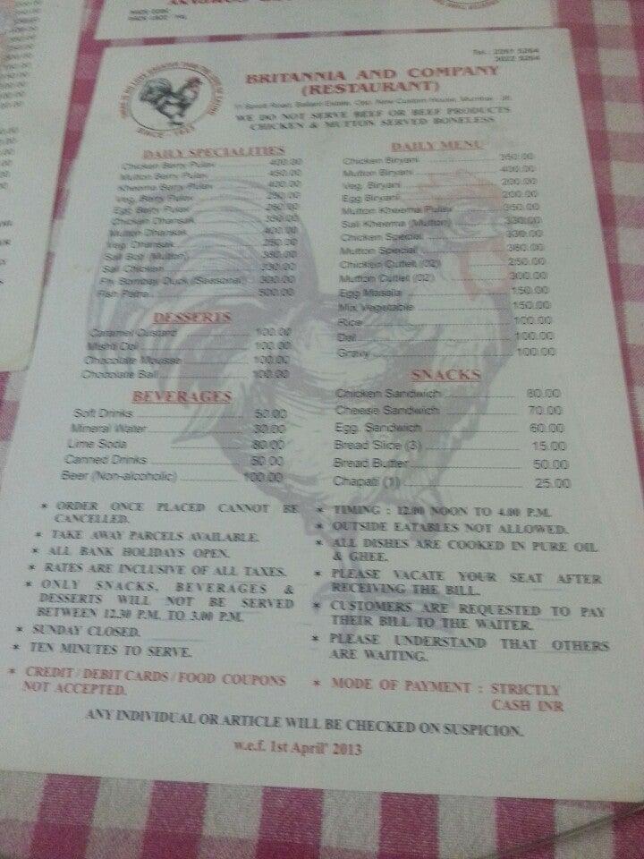 Menu at Britannia & Company, Mumbai