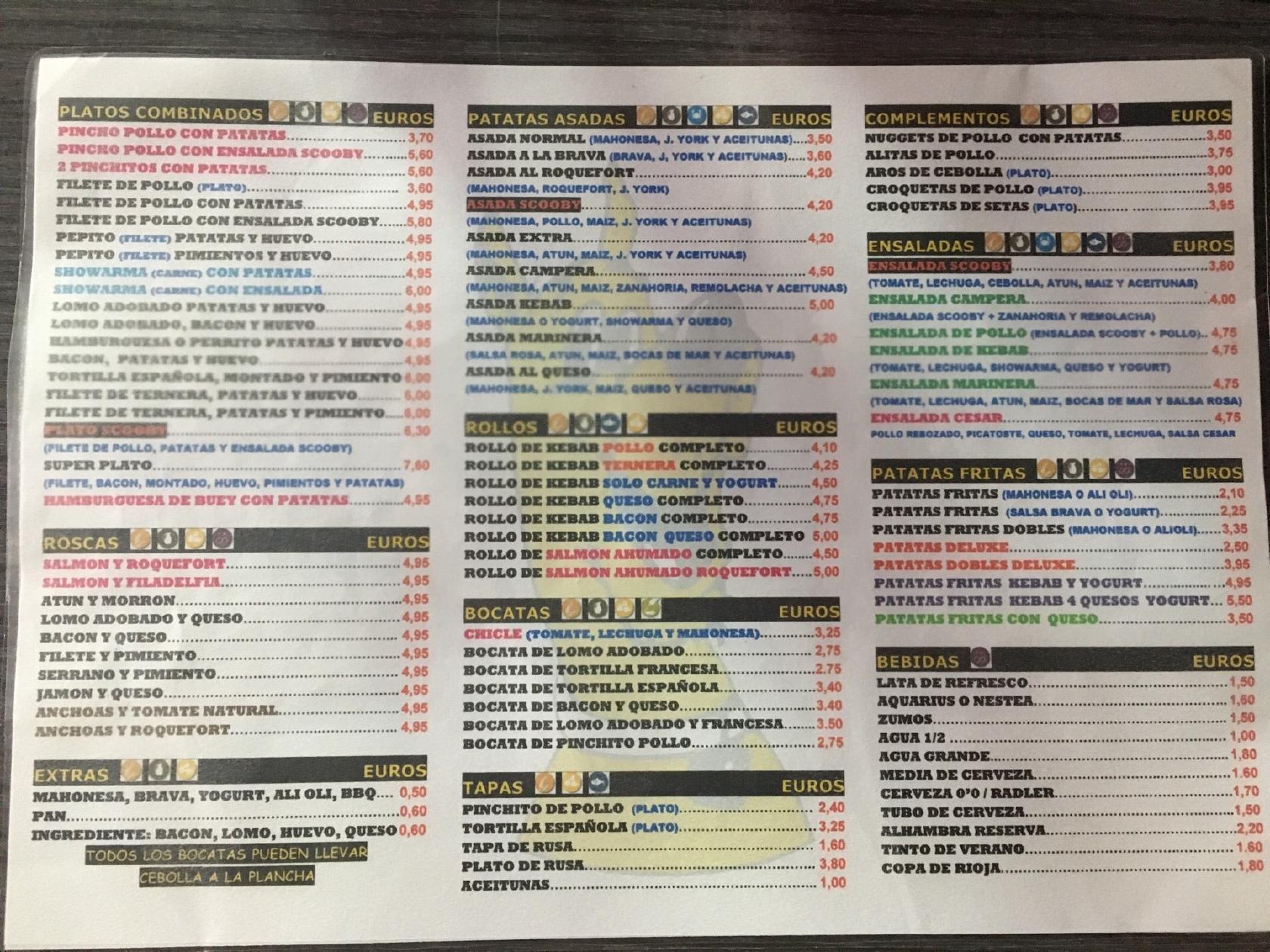 Menu at Burger Scooby restaurant, Málaga