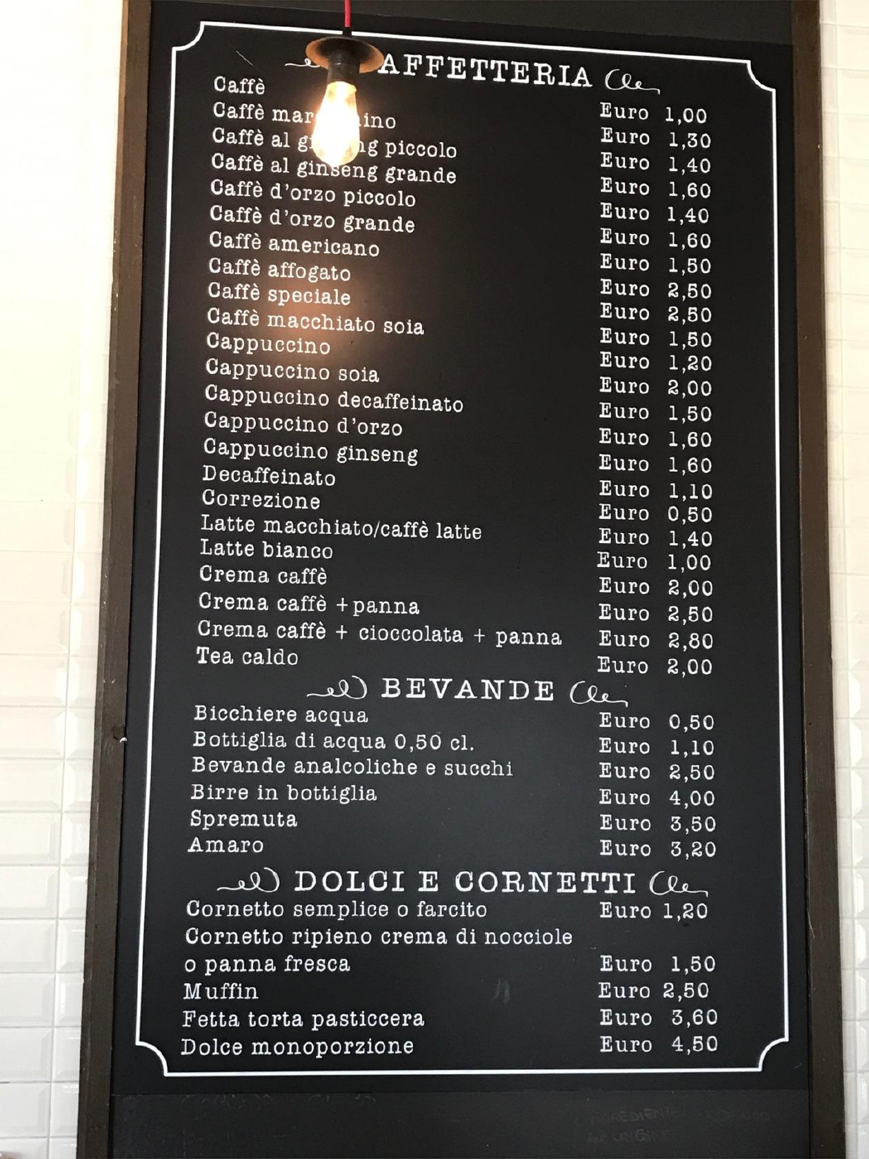 Menu at Ca'puccino cafe, Rome