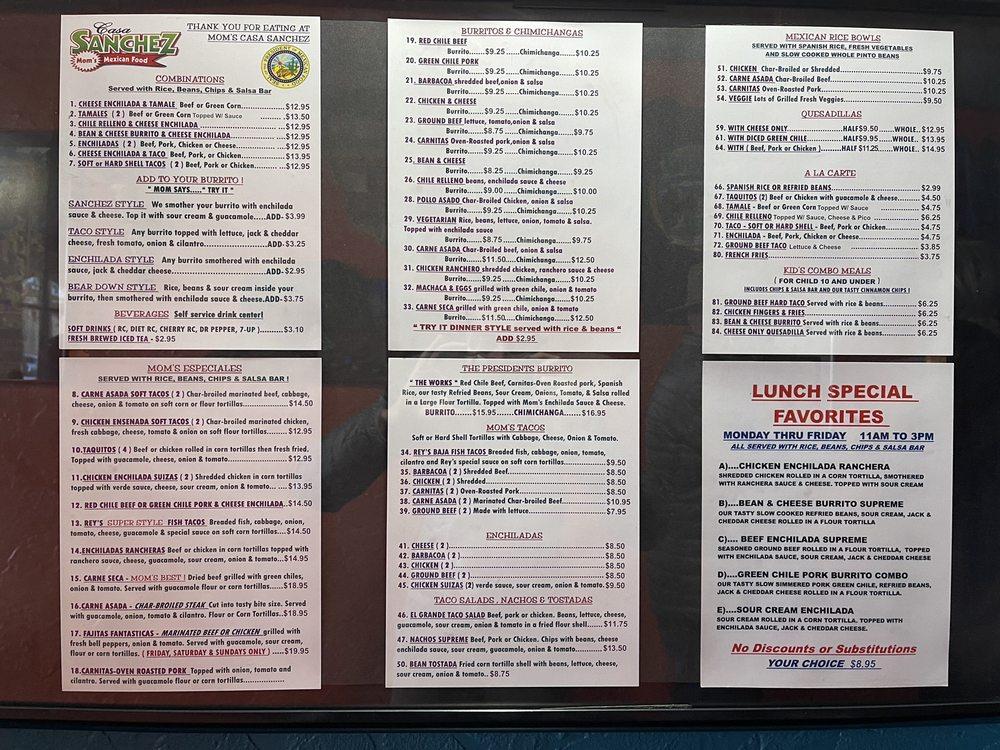 Menu at Casa Sanchez-Mom's restaurant, Tucson, N Thornydale Rd Ste 110