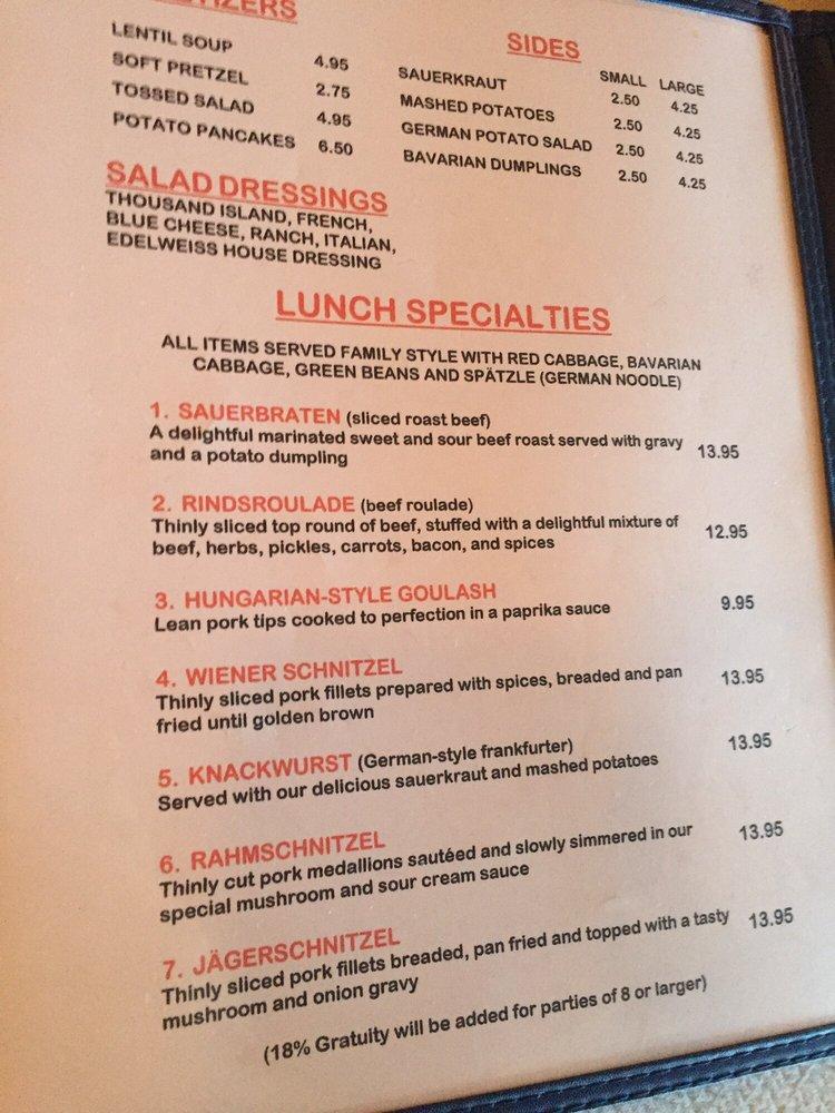 Menu at Edelweiss German Restaurant, Greenville