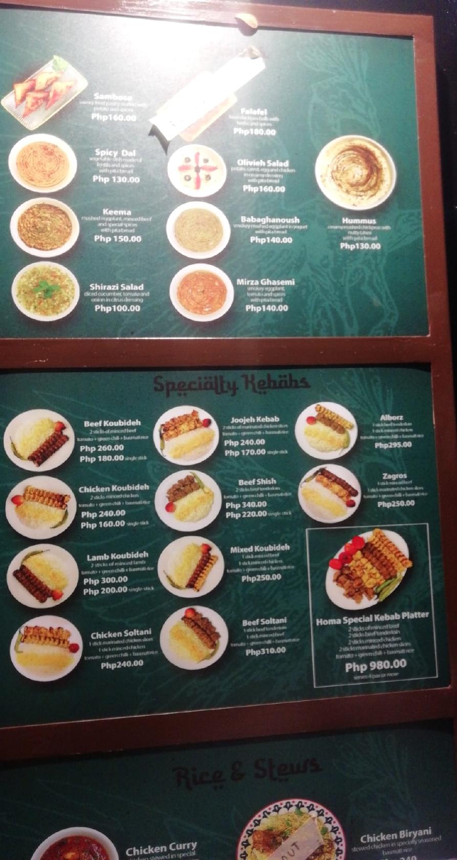 Menu at Homa Persian Cuisine restaurant, Binalonan